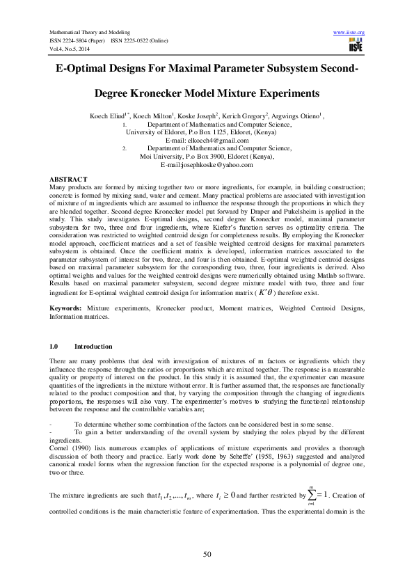 Pdf E Optimal Designs For Maximal Parameter Subsystem Second Degree Kronecker Model Mixture