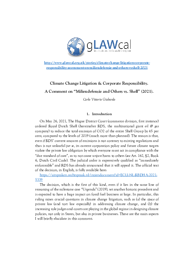 (PDF) Climate Change Litigation & Corporate Responsibility. A Comment ...