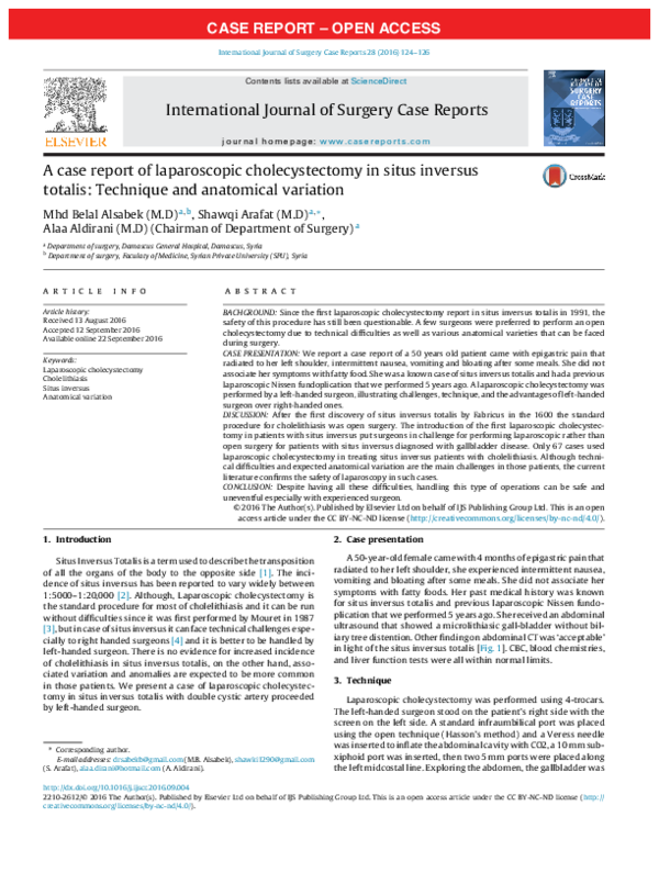 (PDF) A case report of laparoscopic cholecystectomy in situs inversus totalis: Technique and ...