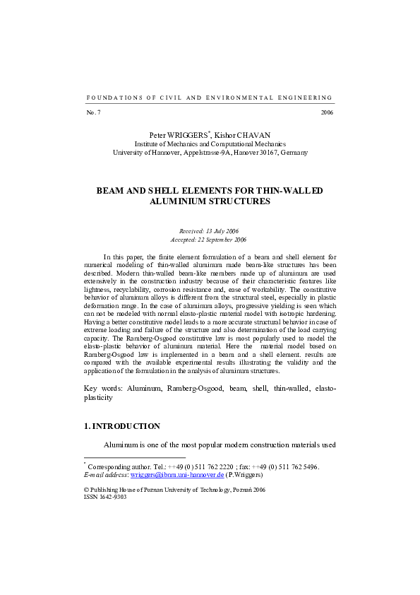 Pdf F Beam And Shell Elements For Thin Walled Aluminium Structures