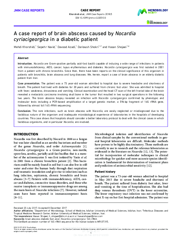 (PDF) A case report of brain abscess caused by Nocardia cyriacigeorgica in a diabetic patient ...