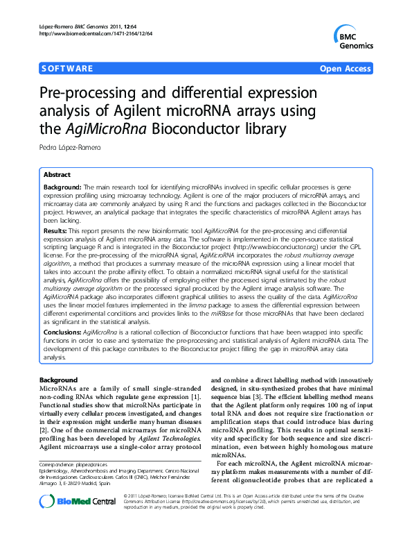 Pdf Pre Processing And Differential Expression Analysis Of Agilent