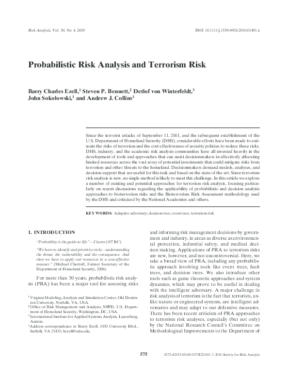 (PDF) Probabilistic risk analysis and terrorism risk