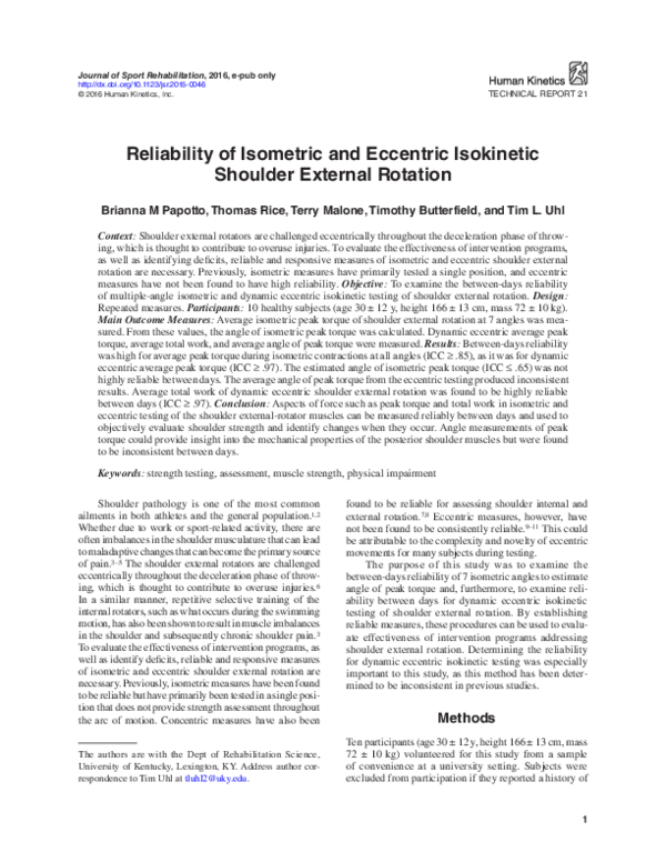 (PDF) Reliability of Isometric and Eccentric Isokinetic Shoulder ...
