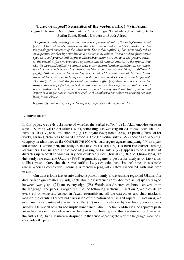 (PDF) Tense or aspect? Semantics of the verbal suffix (-V) in Akan