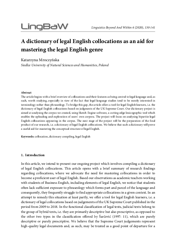 (PDF) A dictionary of legal English collocations as an aid for ...