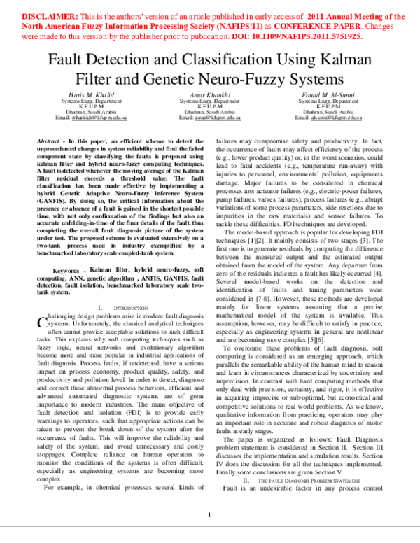 Pdf Fault Detection And Classification Using Kalman Filter And