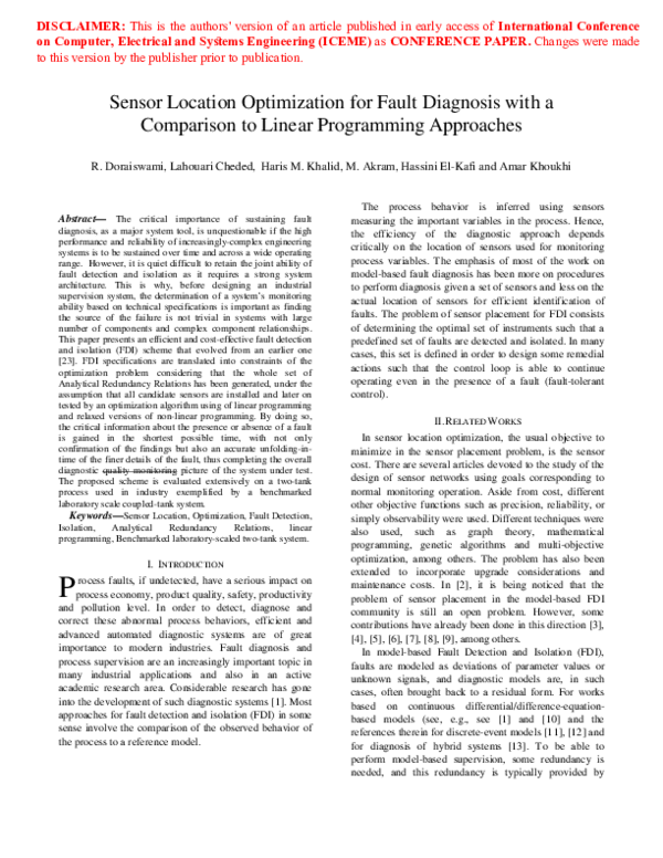 (PDF) Sensor Location Optimization for Fault Diagnosis with a ...