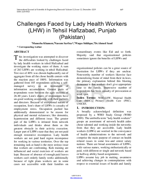 (PDF) Challenges Faced by Lady Health Workers LHW in Tehsil Hafizabad ...