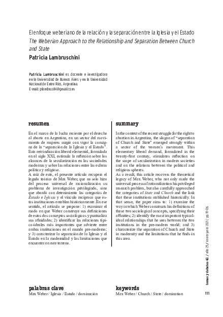 (PDF) El enfoque weberiano de la relación y la separación entre la ...