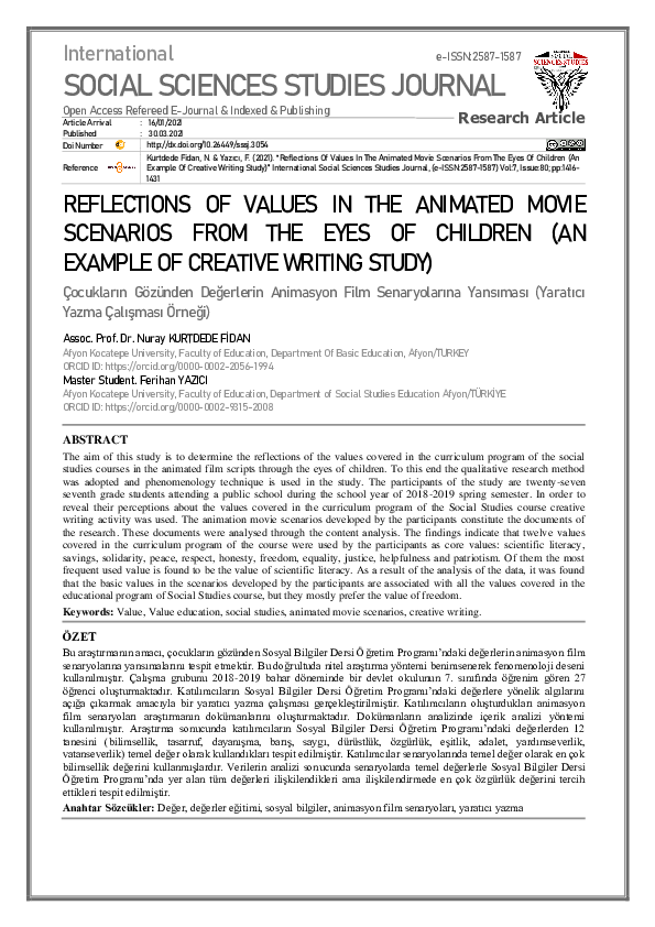 (PDF) REFLECTIONS OF VALUES IN THE ANIMATED MOVIE SCENARIOS FROM THE ...