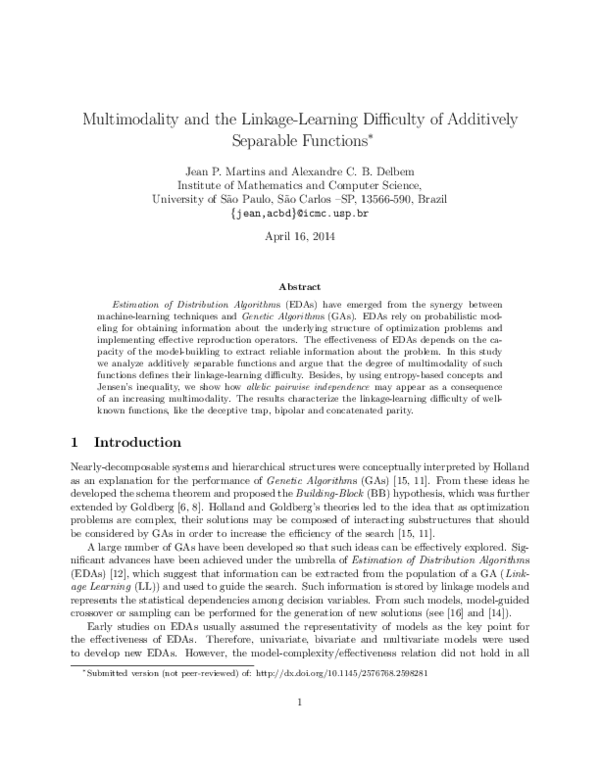 (PDF) Multimodality and the linkage-learning difficulty of additively separable functions