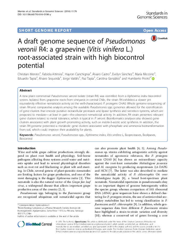 (PDF) A draft genome sequence of Pseudomonas veronii R4: a grapevine (Vitis vinifera L.) root ...