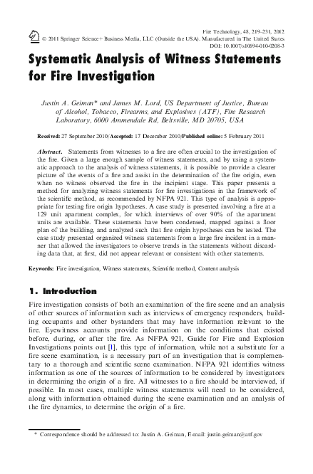 (PDF) Systematic Analysis of Witness Statements for Fire Investigation