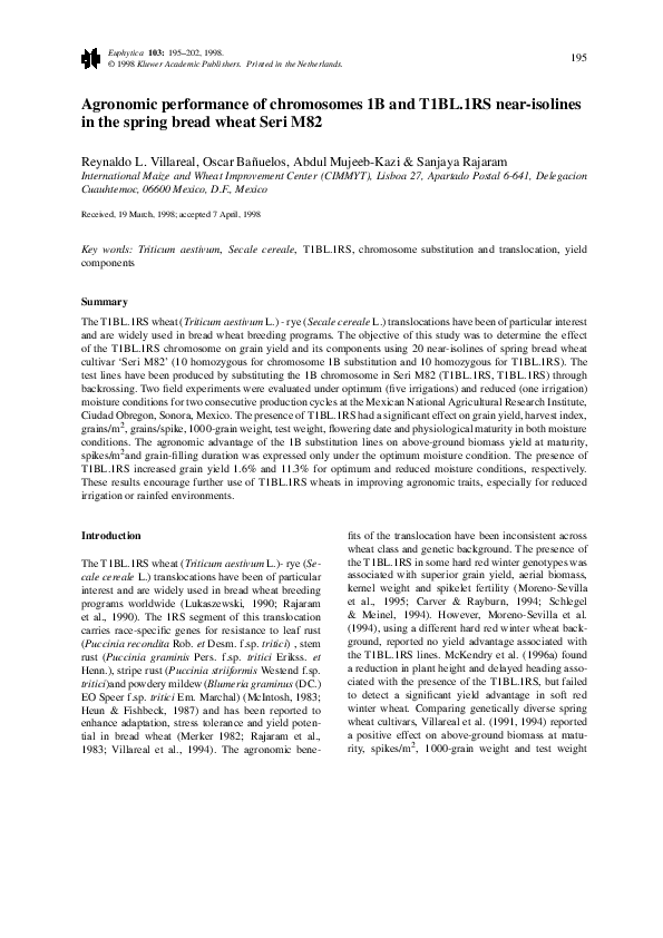 (PDF) Agronomic performance of chromosomes 1B and T1BL. 1RS near-isolines in the spring bread ...