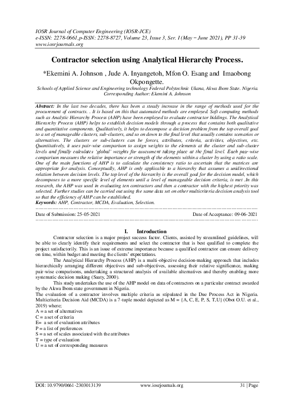 Pdf Contractor Selection Using Analytical Hierarchy Process