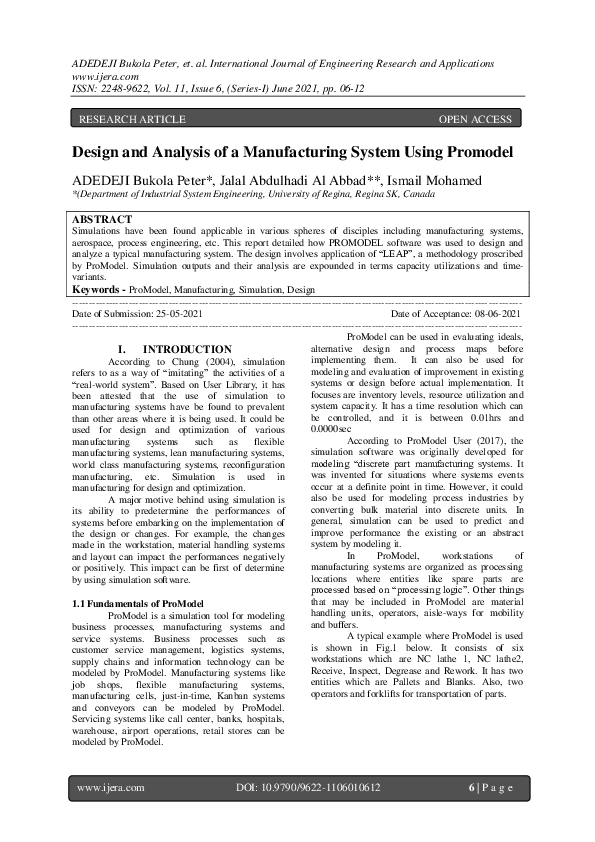 (PDF) Design and Analysis of a Manufacturing System Using Promodel