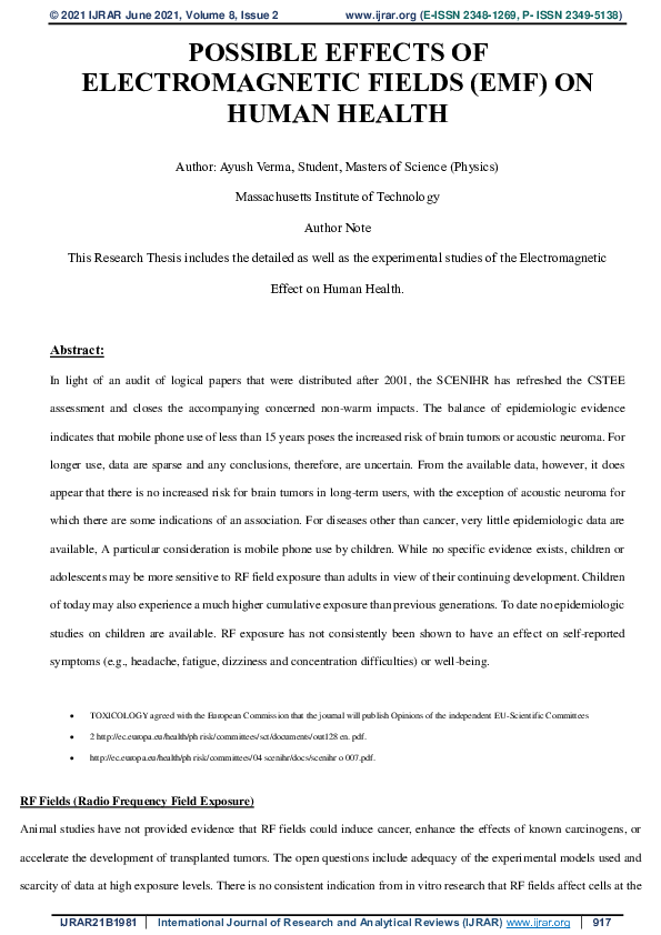 (PDF) POSSIBLE EFFECTS OF ELECTROMAGNETIC FIELDS (EMF) ON HUMAN HEALTH