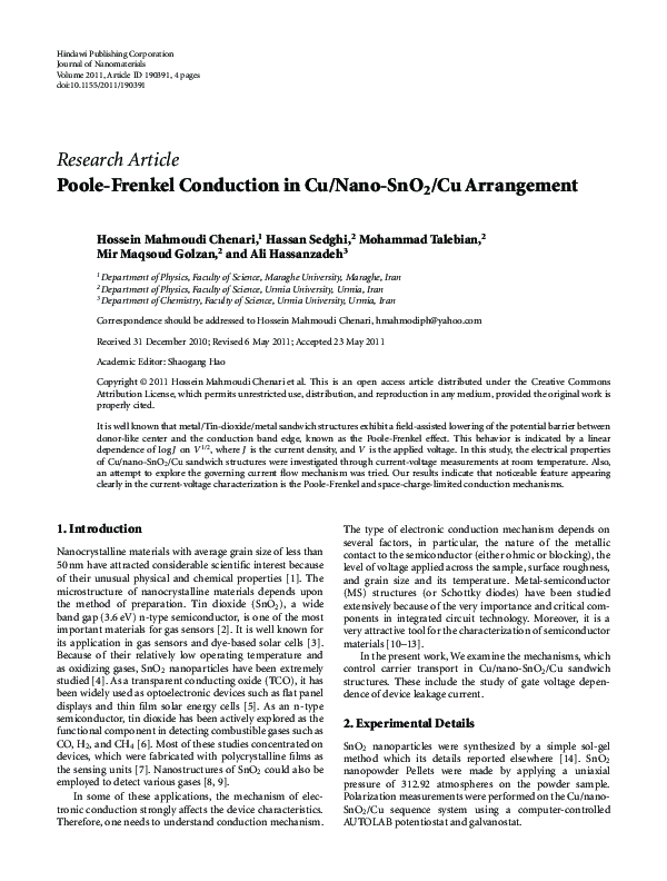 (PDF) Poole-Frenkel Conduction in Cu/Nano-SnO2/Cu Arrangement