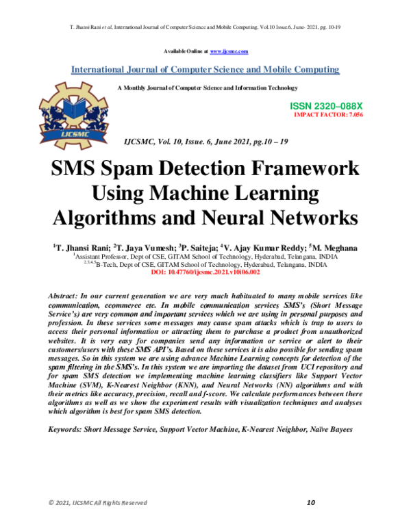 Pdf Sms Spam Detection Framework Using Machine Learning Algorithms And Neural Networks