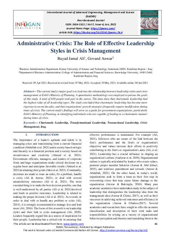 (PDF) Administrative Crisis: The Role of Effective Leadership Styles in ...