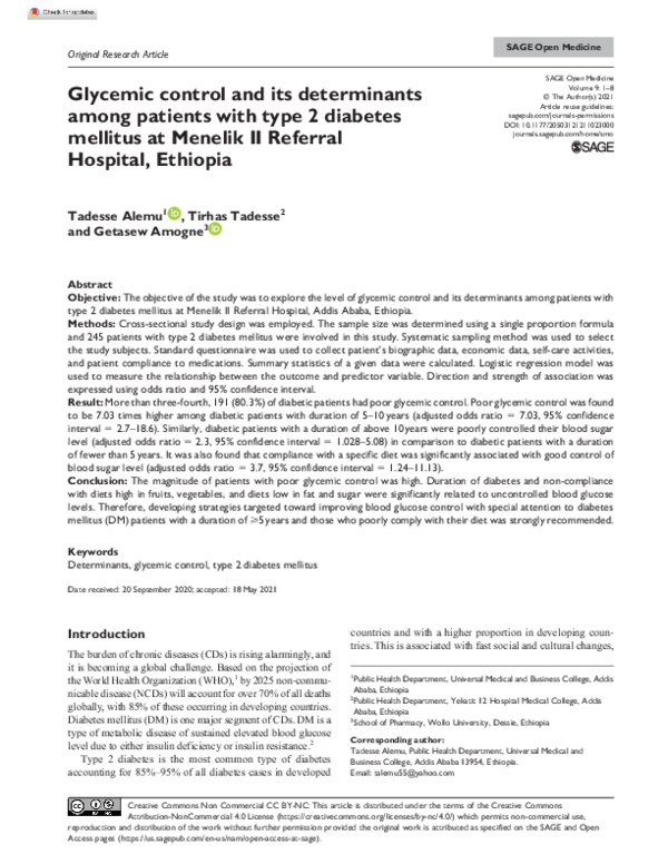 Pdf Glycemic Control And Its Determinants Among Patients With Type 2