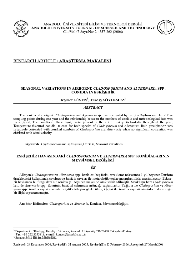 (PDF) RESEARCH ARTICLE / ARAŞTIRMA MAKALESİ SEASONAL VARIATIONS IN AIRBORNE CLADOSPORIUM AND ...