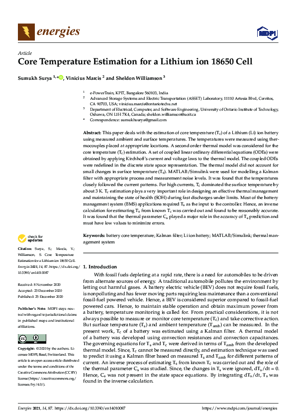 Pdf Core Temperature Estimation For A Lithium Ion 18650 Cell