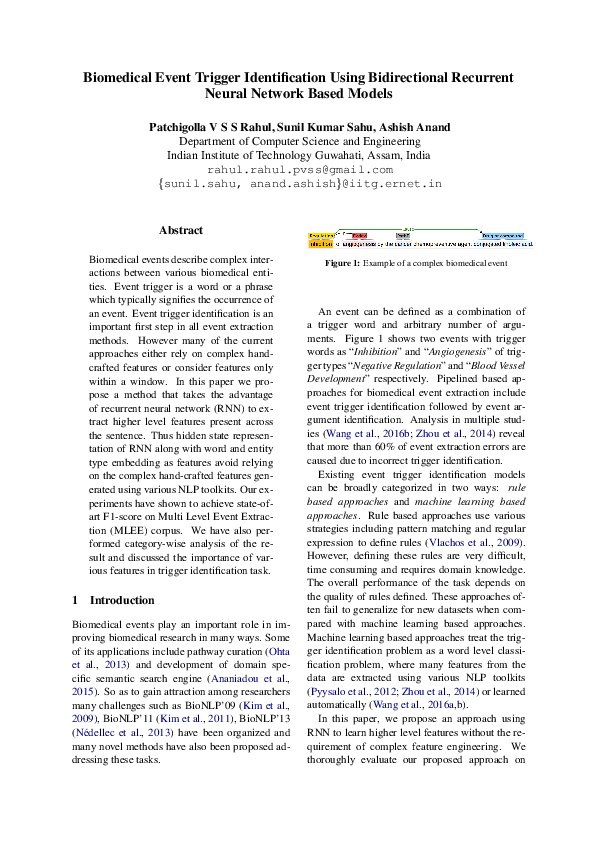 Pdf Biomedical Event Trigger Identification Using Bidirectional Recurrent Neural Network Based