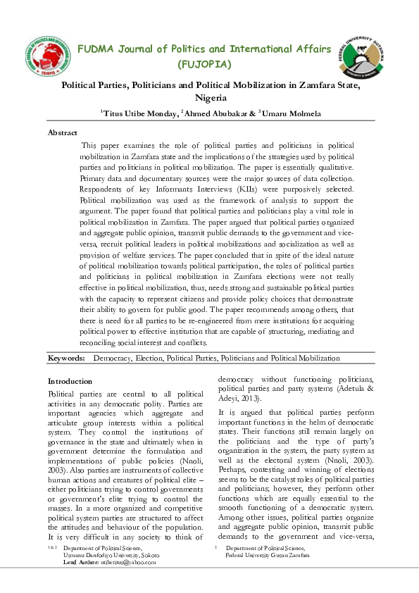 (PDF) Political Parties, Politicians and Political Mobilization in ...
