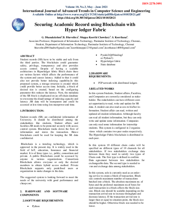 (PDF) Securing Academic Record using Blockchain with Hyper ledger Fabric