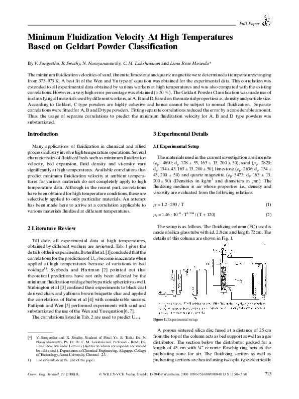 (PDF) Minimum Fluidization Velocity At High Temperatures Based on Geldart Powder Classification