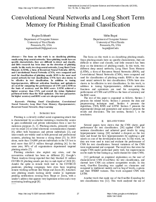 Pdf Convolutional Neural Networks And Long Short Term Memory For Phishing Email Classification