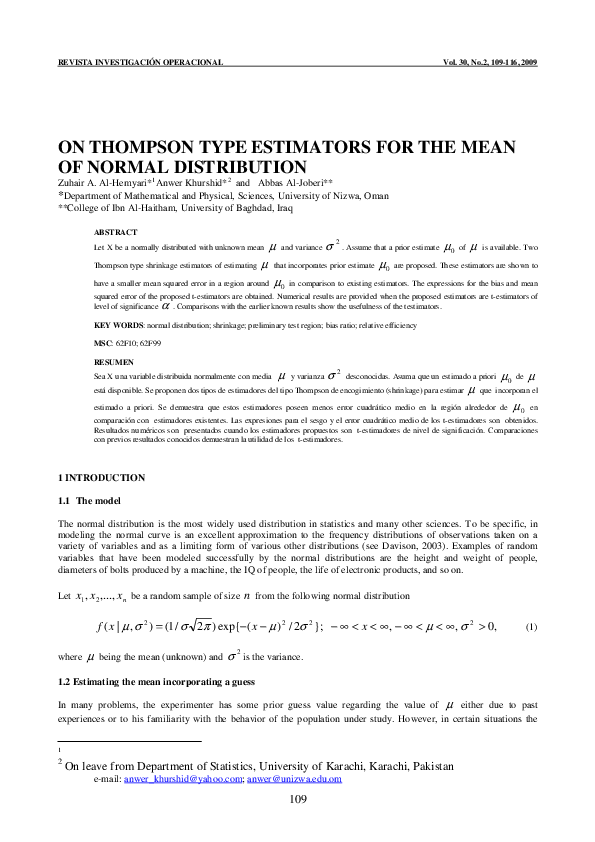 (PDF) On Thompson Type Estimators for the Mean of Normal Distribution