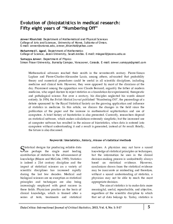 (PDF) Evolution of (bio)statistics in medical research: Fifty eight ...