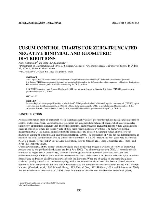 Pdf Cusum Control Charts For Zero Truncated Negative Binomial And Geometric Distributions