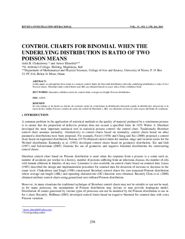 (PDF) Control Charts for Binomial when the underlying Distribution is Ratio of two Poisson Means