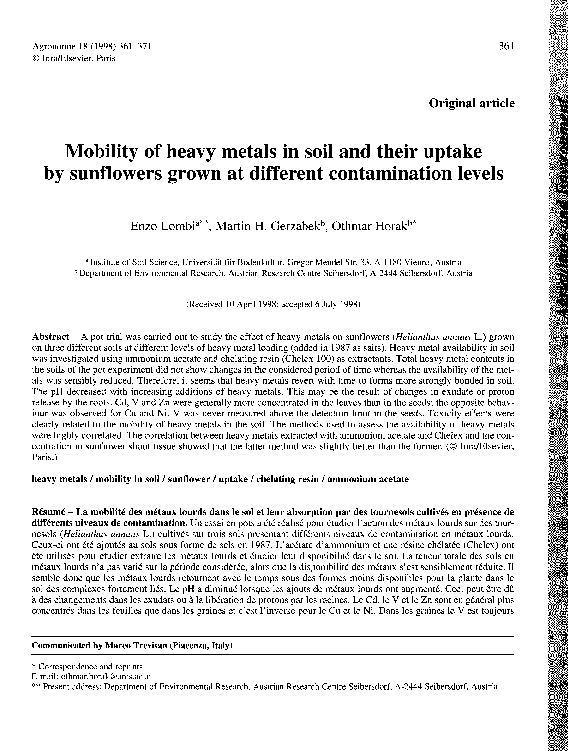 (PDF) Mobility of heavy metals in soil and their uptake by sunflowers ...