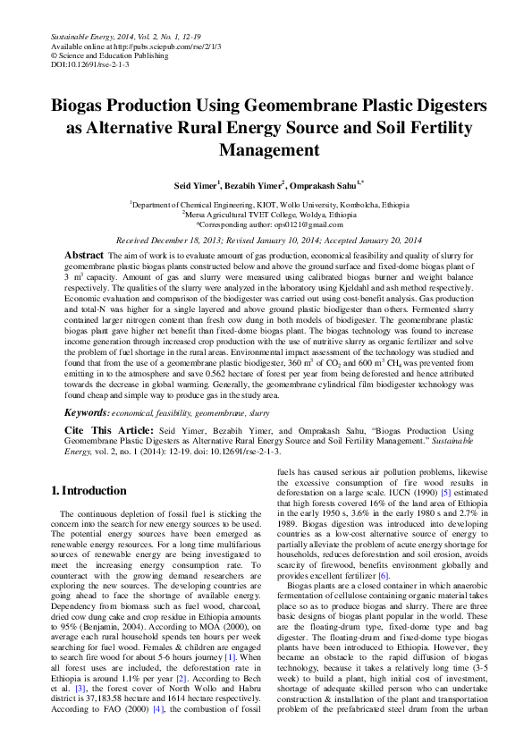 (PDF) Biogas Production Using Geomembrane Plastic Digesters as ...