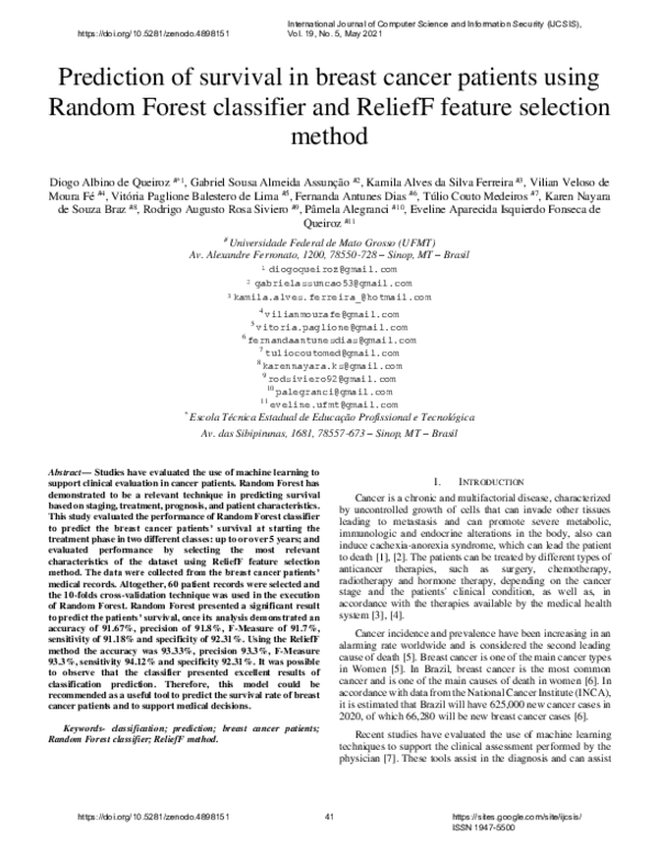 Pdf Prediction Of Survival In Breast Cancer Patients Using Random Forest Classifier And