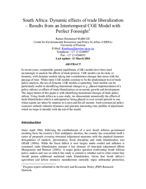 (PDF) South Africa: Dynamic effects of trade liberalization–Results from an Intertemporal CGE ...