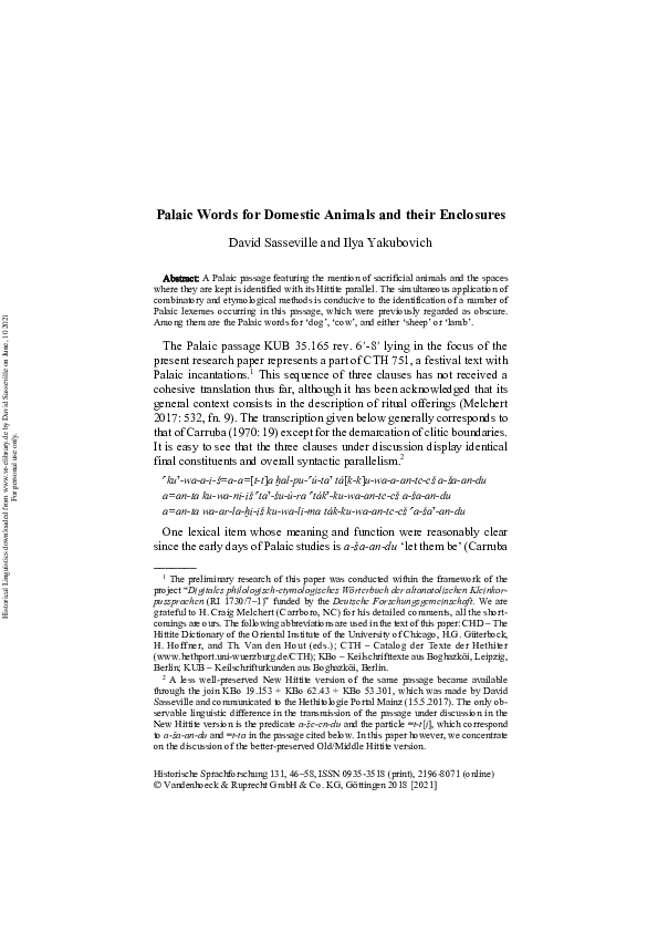 (PDF) Palaic Words for Domestic Animals and their Enclosures