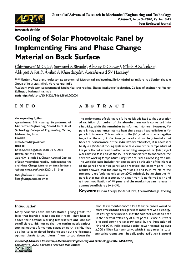 (PDF) Cooling of Solar Photovoltaic Panel by Implementing Fins and ...