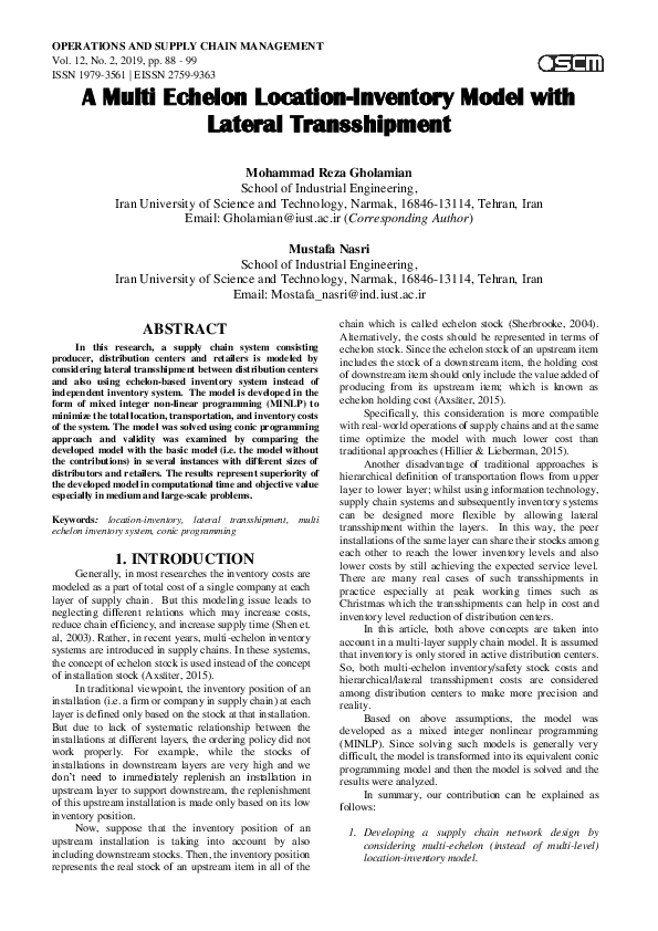 (PDF) A Multi Echelon Location-Inventory Model with Lateral Transshipment | mustafa nasri ...