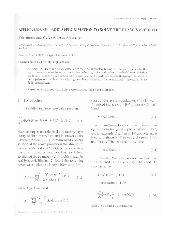 Pdf Application Of Padeapproximation To Solve The Blasius Problem