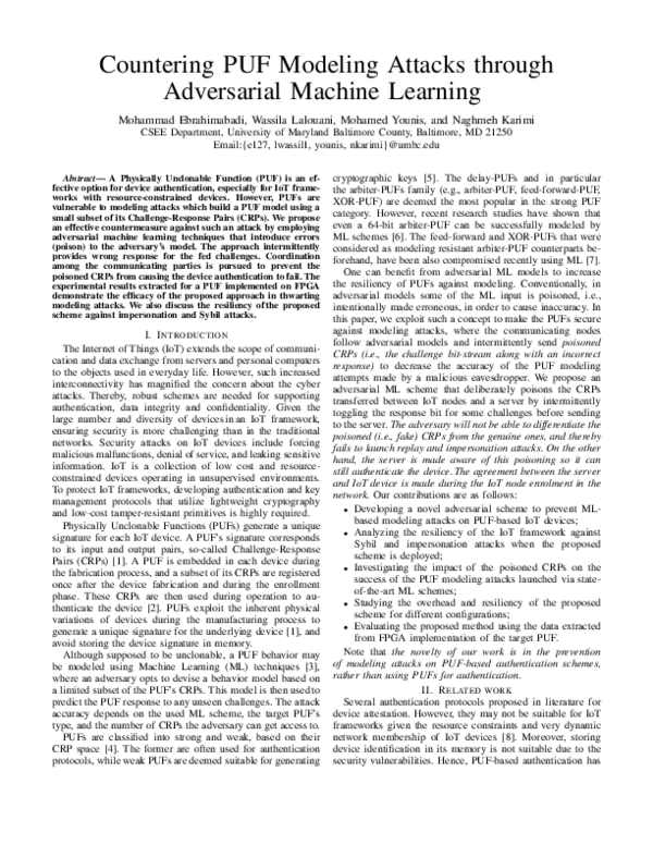Pdf Countering Puf Modeling Attacks Through Adversarial Machine Learning