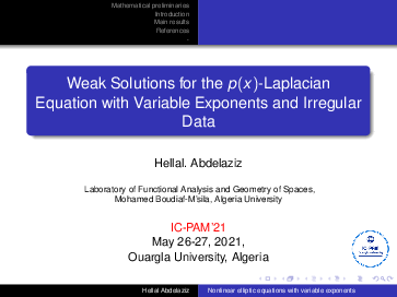 (PDF) Weak Solutions for the p(x)-Laplacian Equation with Variable Exponents and Irregular Data