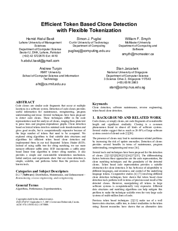 (PDF) Efficient token based clone detection with flexible tokenization | Adeel Khan - Academia.edu