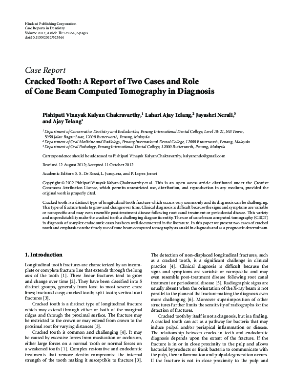 (PDF) Cracked Tooth: A Report of Two Cases and Role of Cone Beam ...