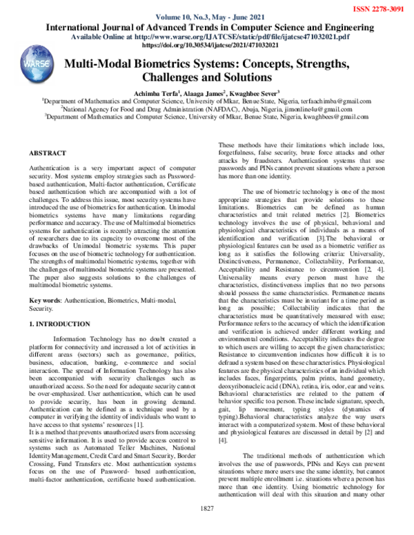 (PDF) Multi-Modal Biometrics Systems: Concepts, Strengths, Challenges and Solutions
